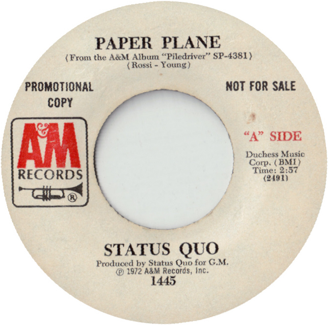 Paper Plane / All the Reasons by Status Quo (Single; A& 1445): Reviews ...