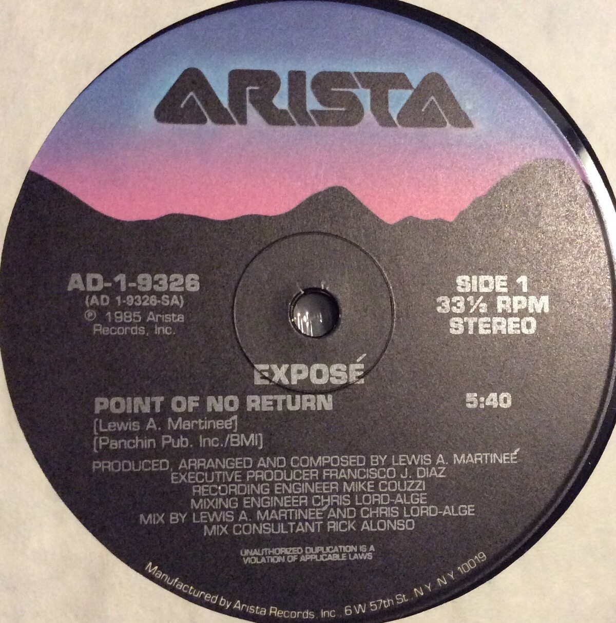 Point of No Return / Dub of No Return by Exposé (Single; Arista; AD-1 ...