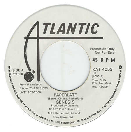 Paperlate / You Might Recall by Genesis (Single; Atlantic; KAT 4053 ...