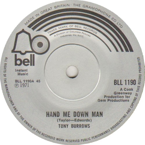 Hand Me Down Man / Country Boy by Tony Burrows (Single; Bell; BLL 1190 ...