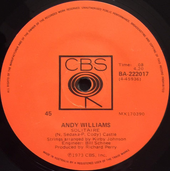 Solitaire / My Love by Andy Williams (Single; CBS; BA-222017): Reviews ...