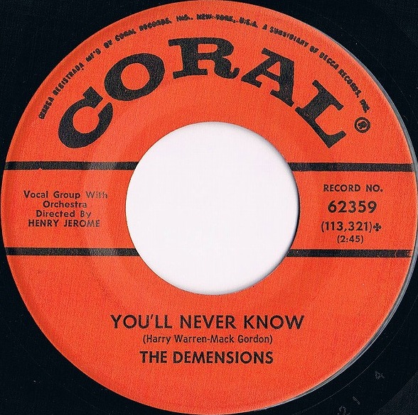 Fly Me to the Moon / You'll Never Know by The Demensions (Single, Doo ...