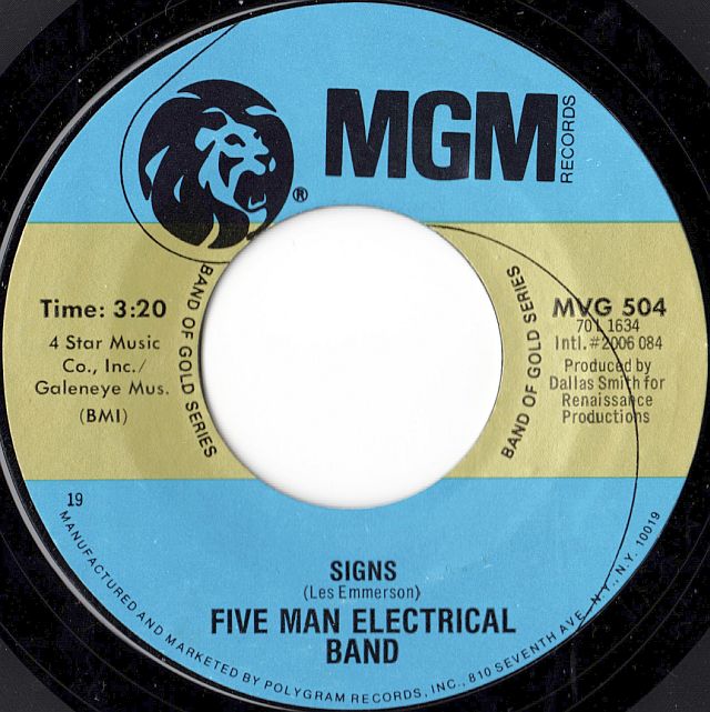 Signs / Absolutely Right by Five Man Electrical Band (Single; MGM; MVG ...