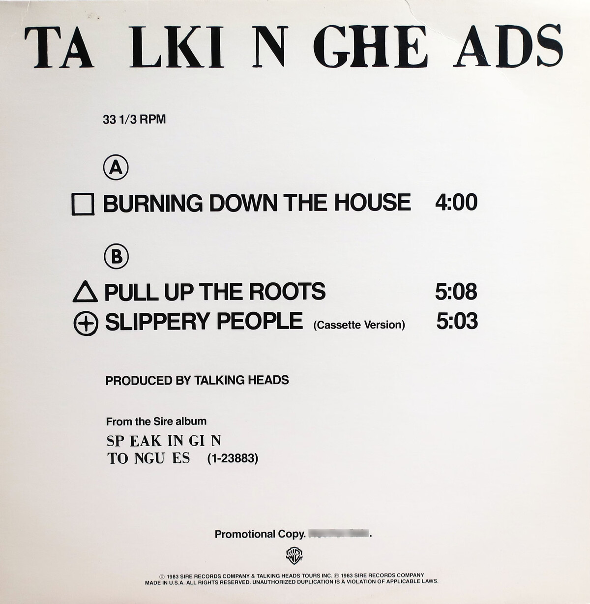 Burning Down the House / Pull Up the Roots / Slippery People by Talking ...