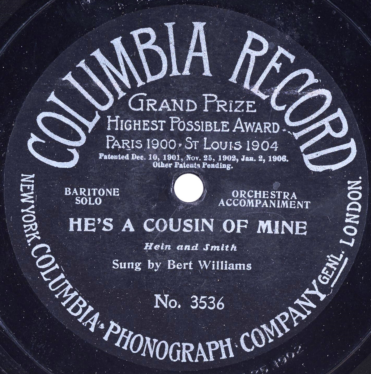 He's a Cousin of Mine by Bert Williams (Single; Columbia; 3536 ...