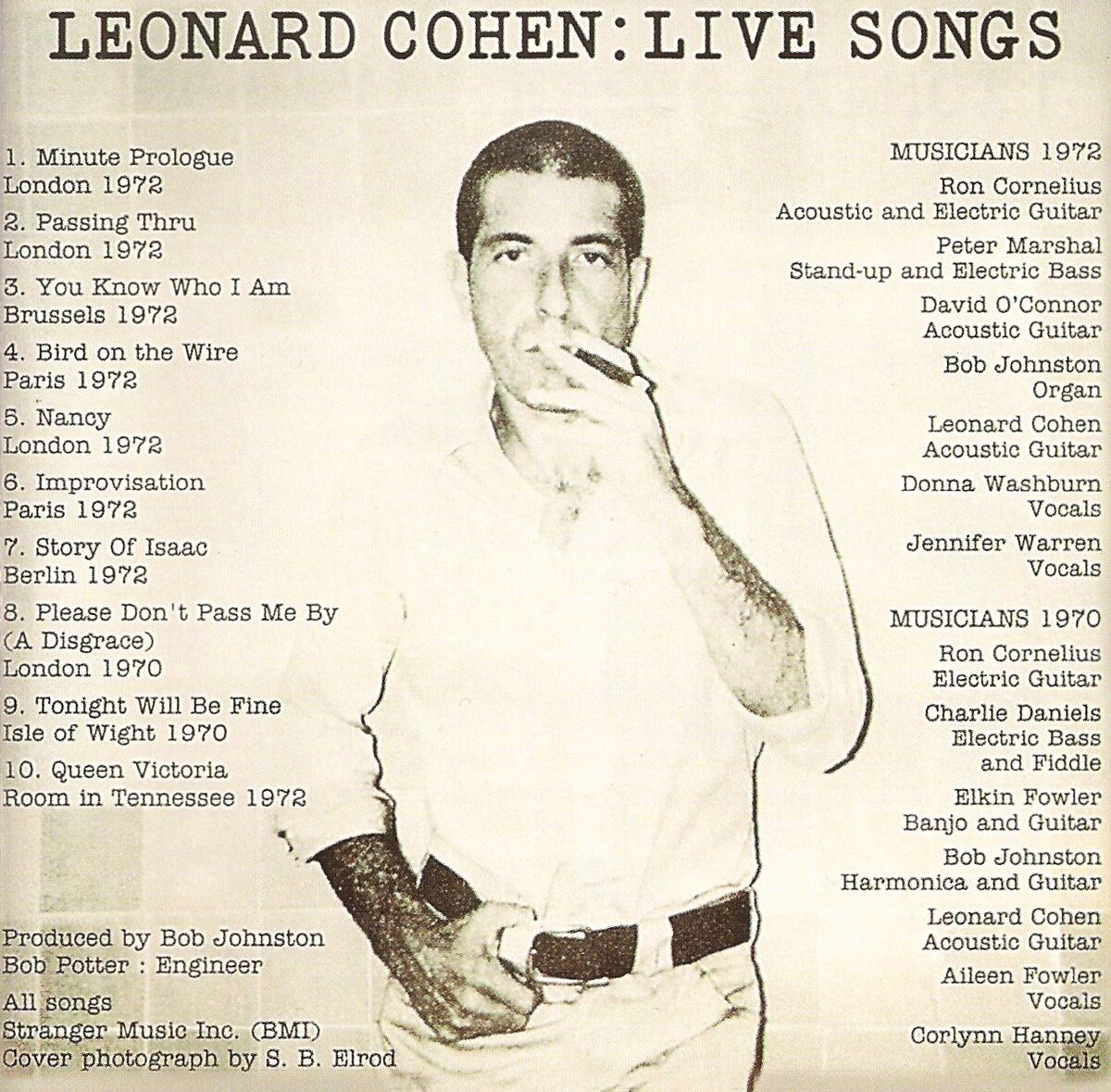 Live Songs by Leonard Cohen (Album; Columbia; CK 80236): Reviews ...