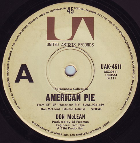 American Pie / Empty Chairs by Don McLean (Single; United Artists; UAK ...