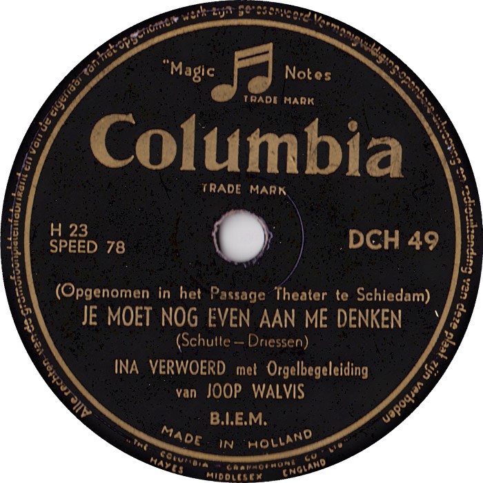 Je moet nog even aan me denken / 't Jochie by Ina Verwoerd (Single ...