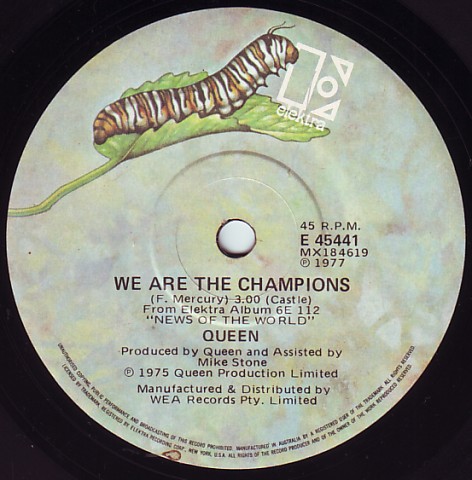 We Are the Champions / We Will Rock You by Queen (Single; Elektra; E ...