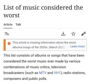Wikipedia's "List of music considered the worst" - Rate Your Music