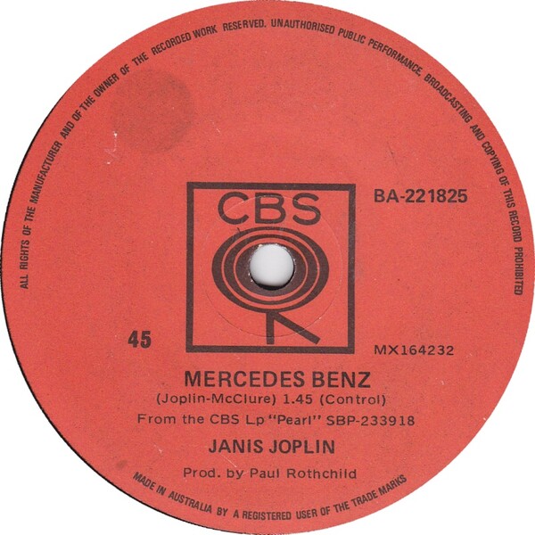 Mercedes Benz / Cry Baby by Janis Joplin (Single; CBS; BA-221825 ...