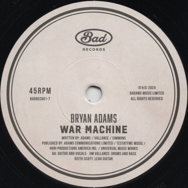 War Machine / Rock and Roll Hell by Bryan Adams (Single; Bad; BADREC001 ...