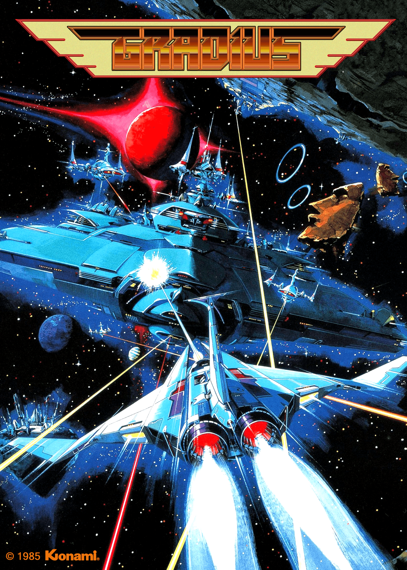 Gradius (video game, scrolling shooter, science fiction, space, side scroller, pixel art, real ...