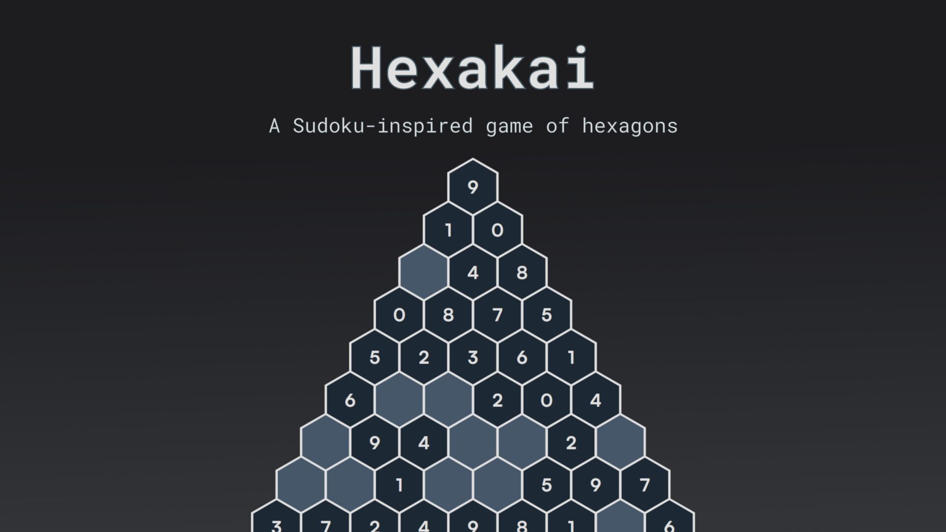 Hexakai (video game, minimalist art, sudoku, fixed screen, hex grid, touch controls, selectable ...